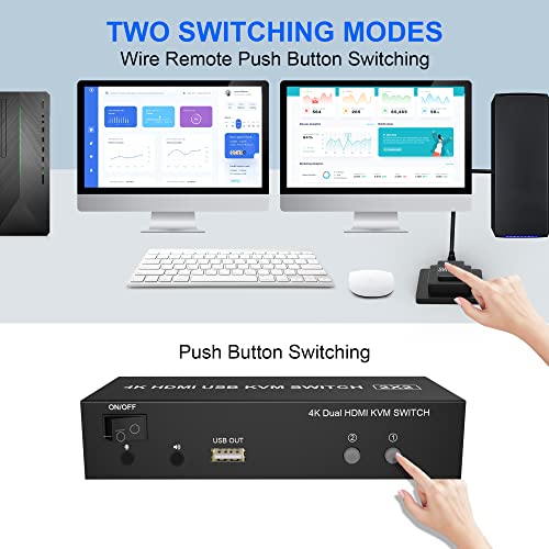 HDMI KVM Switch Dual Monitors 2 Computers, 4K@60Hz Extended Display 2 Ports HDMI KVM Switch 2 Monitors 2 Computers with 3 USB Ports and Audio Microphone Port, PC Monitor Keyboard Mouse Switcher