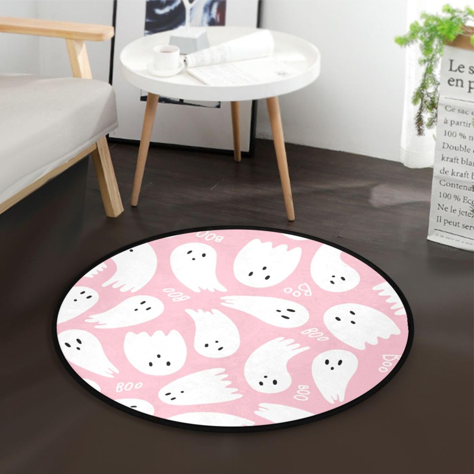 Pink Ghost Area Rug Round 3ft Circular Carpet Floor Mat Soft Non Skid for Living Room Dining Holiday Decor Seasonal Washable