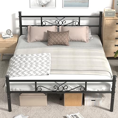 HUEOFGP 14 Inch Full Size Metal Bed Frame, Vintage Platform Bed Frame with Pattern Headboard, Strong Support, No Box Spring Needed, Easy Assembly, Black