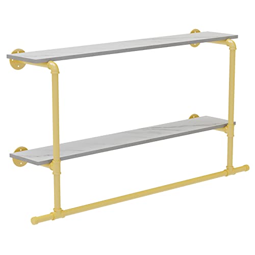 MOUTIK Wall Clothing Rack Gold - 46" Long Industrial Pipe Garment Rack with 2 Tier Shelves, Heavy Duty Iron Clothes Rod Retail Display for Bedroom, Laundry