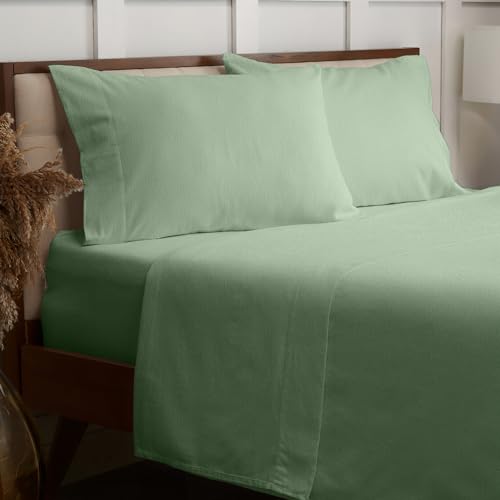 Mellanni Cotton Flannel Bed Sheets Full Size - Brushed for Extra Softness & Comfort - Sage Green Sheets Full Size - Eco Packaging - Fitted Sheet, Flat Sheet & 2 Pillowcases (Full, Sage)