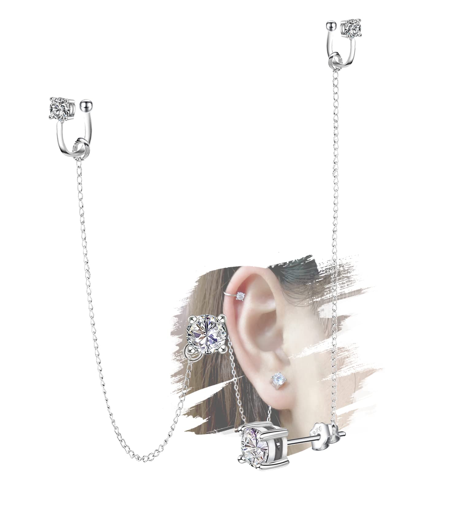 Cubic Zirconia Earrings - Crystal Ear Cuff Earrings Chain Sterling Silver Hypoallergenic Cubic Zirconia Earrings Rhinestones Drop Dangle Earrings 2 in 1 earrings Gifts for Women