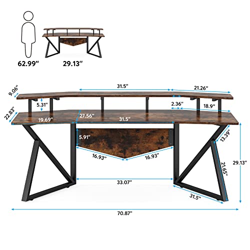 LITTLE TREE 70.9" Large Computer Desk Home Office Desk Wing-Shaped Gaming Studio Desk, Rustic Brown