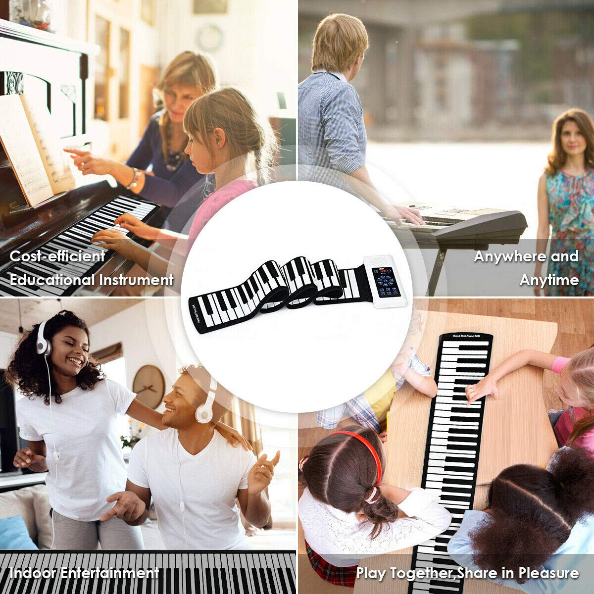 Costzon Roll Up Piano - Electronic 88 Keys Portable Piano Upgraded Silicone Touch Panel Keyboard with Bluetooth, MP3, Sustain Pedal, Recording, Built-in USB Rechargeable for Beginners Gift (White)