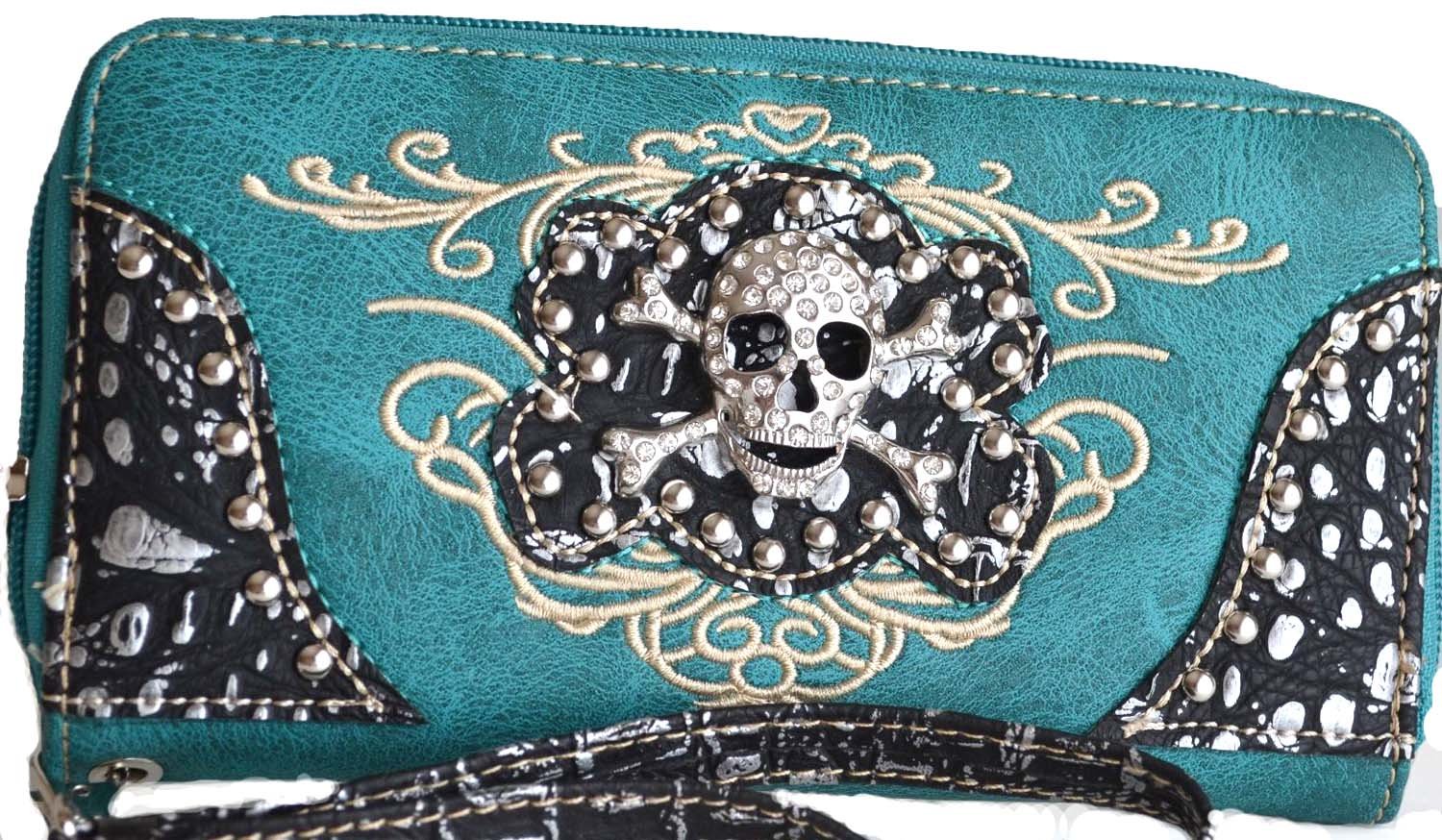 western rhinestone skull concho stitched handbag purse set (blue)