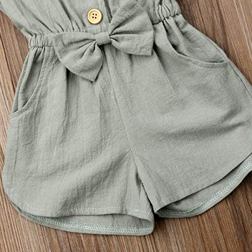 Toddler Kids Baby Girl Flutter Sleeve Short Romper Jumpsuit Botton Down Shirt Tops with Bowknot (Light Green 6-12 Months)