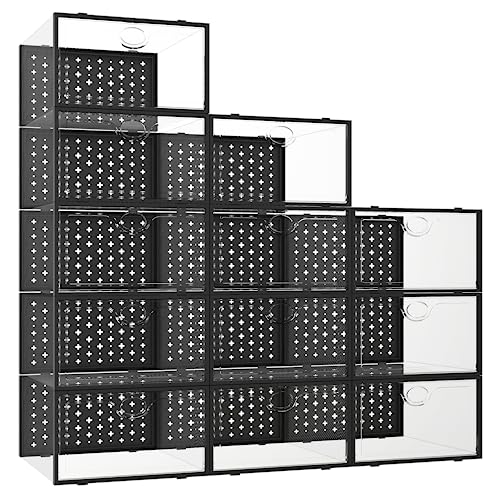 Pinkpum 12 Pack Shoe Storage Boxes, Shoe Organizer for Closet X-Large, Black Clear Plastic Stackable Sneaker Storage Containers Bins with Lids, Clear Shoe Display Case Containers, Fit for Size 11
