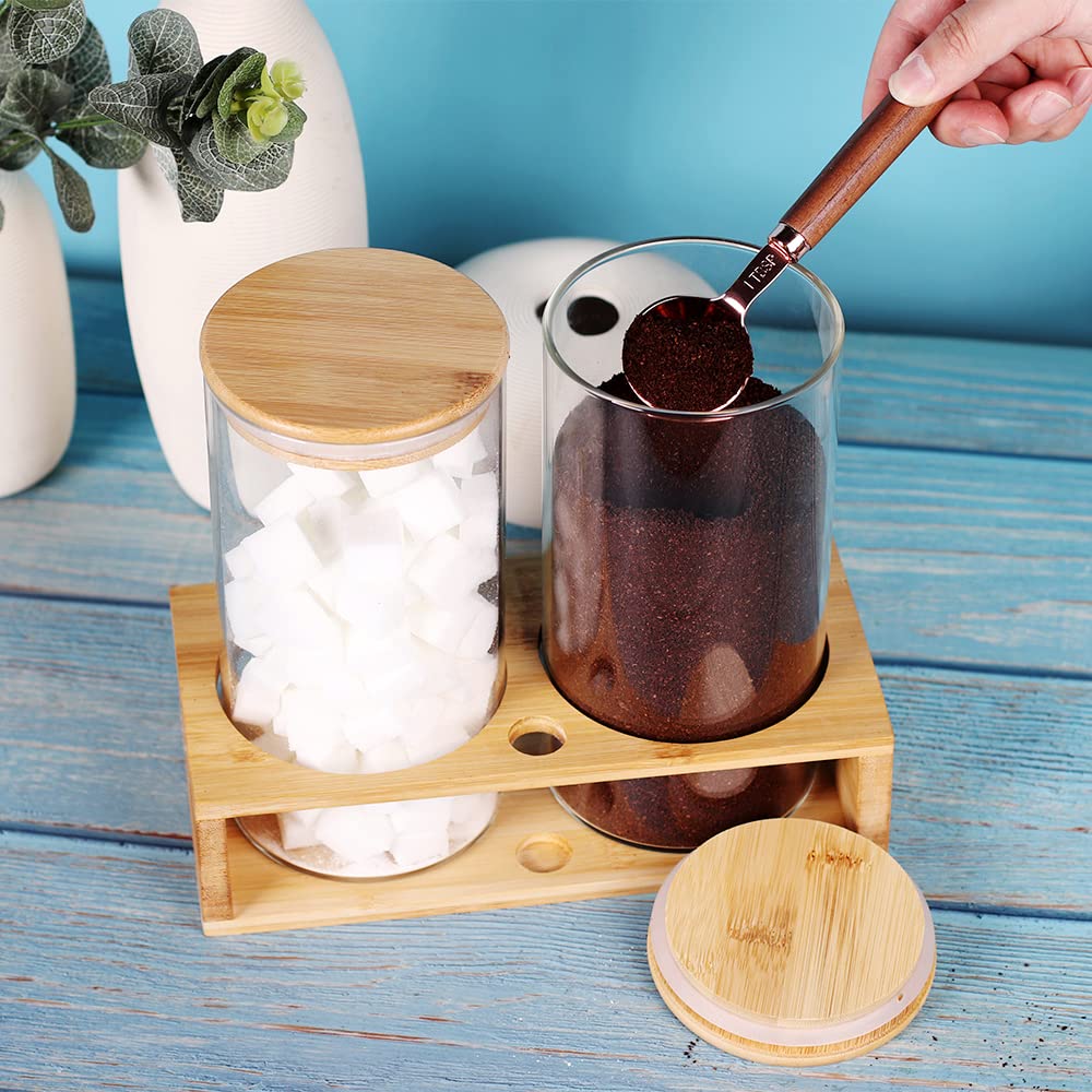 Glass Coffee Containers with Shelf, Set of 2 Coffee Bean Storage with Bamboo Lids and Spoon, Ground Coffee and Suger Jar Container Set for Coffee Bar (47 OZ)