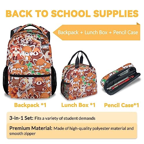 CUSPCOD Red Panda Backpack with Lunch Box and Pencil Case for Girls Boys, 16 Inch School Bookbag with Adjustable Straps, Travel Bag Durable, Lightweight, Large Capacity