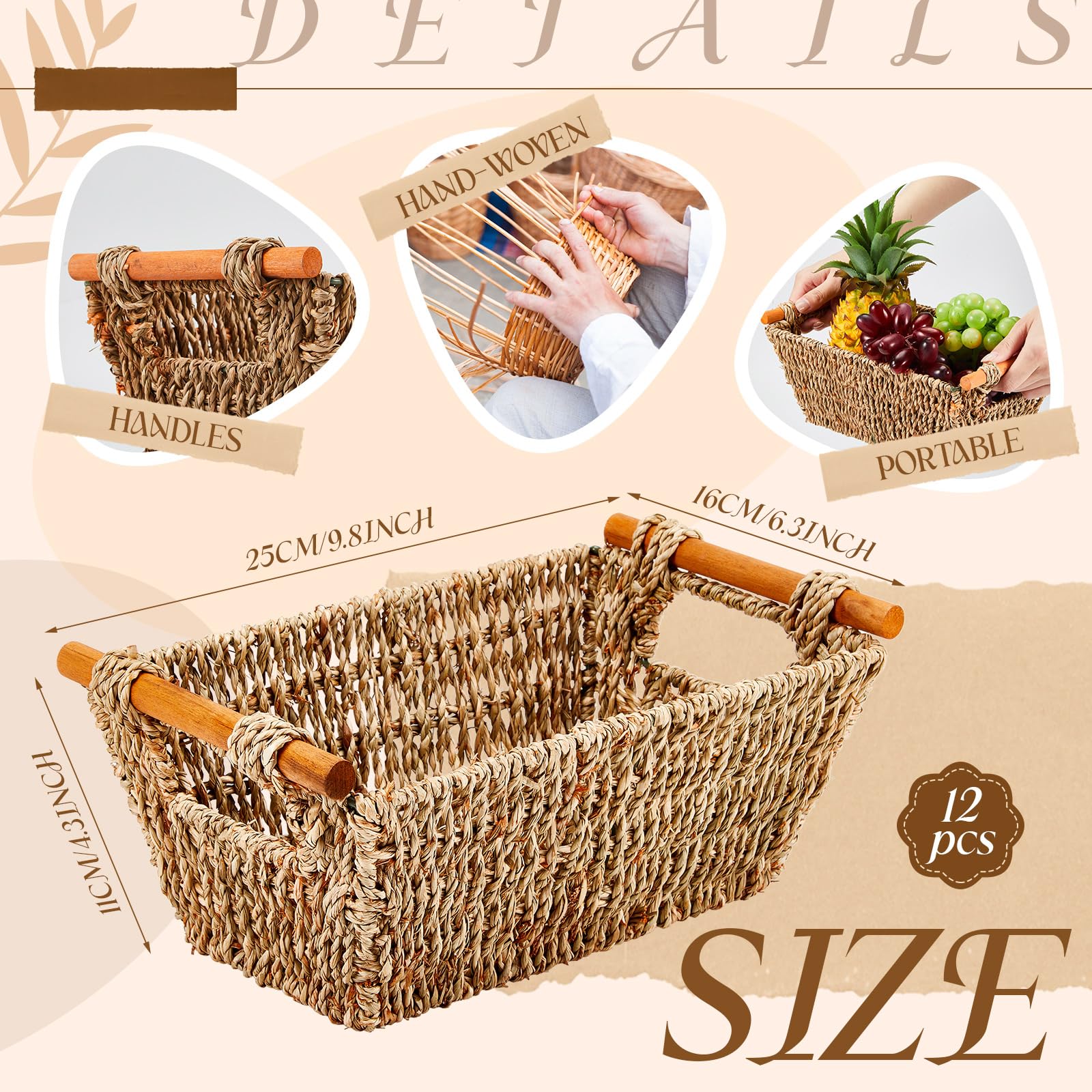 Marsui 12 Pcs Small Wicker Baskets for Gifts Empty Hand Woven Seagrass Rattan Towel Baskets for Bathroom Bin Organizer Shelf Pantry Baskets for Gifts Storage Towel Kitchen Toilet Living Room (Brown)