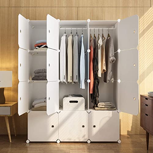 KOUSI Portable Wardrobe Closets 14"x18" Depth Cube Storage, Bedroom Armoire, Storage Organizer with Doors, 12 Doors, White