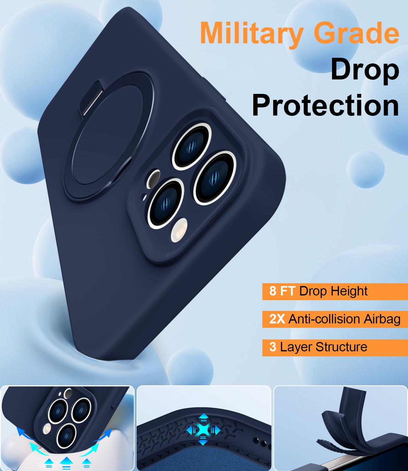 Defeneder Liquid Silicone for iPhone 13 Pro Max Case with Magnetic Stand [2 Pcs Tempered Screen Protectors + Precise Camera Lens Protection] Mil-Grade Drop Protective Phone Case, Navy Blue