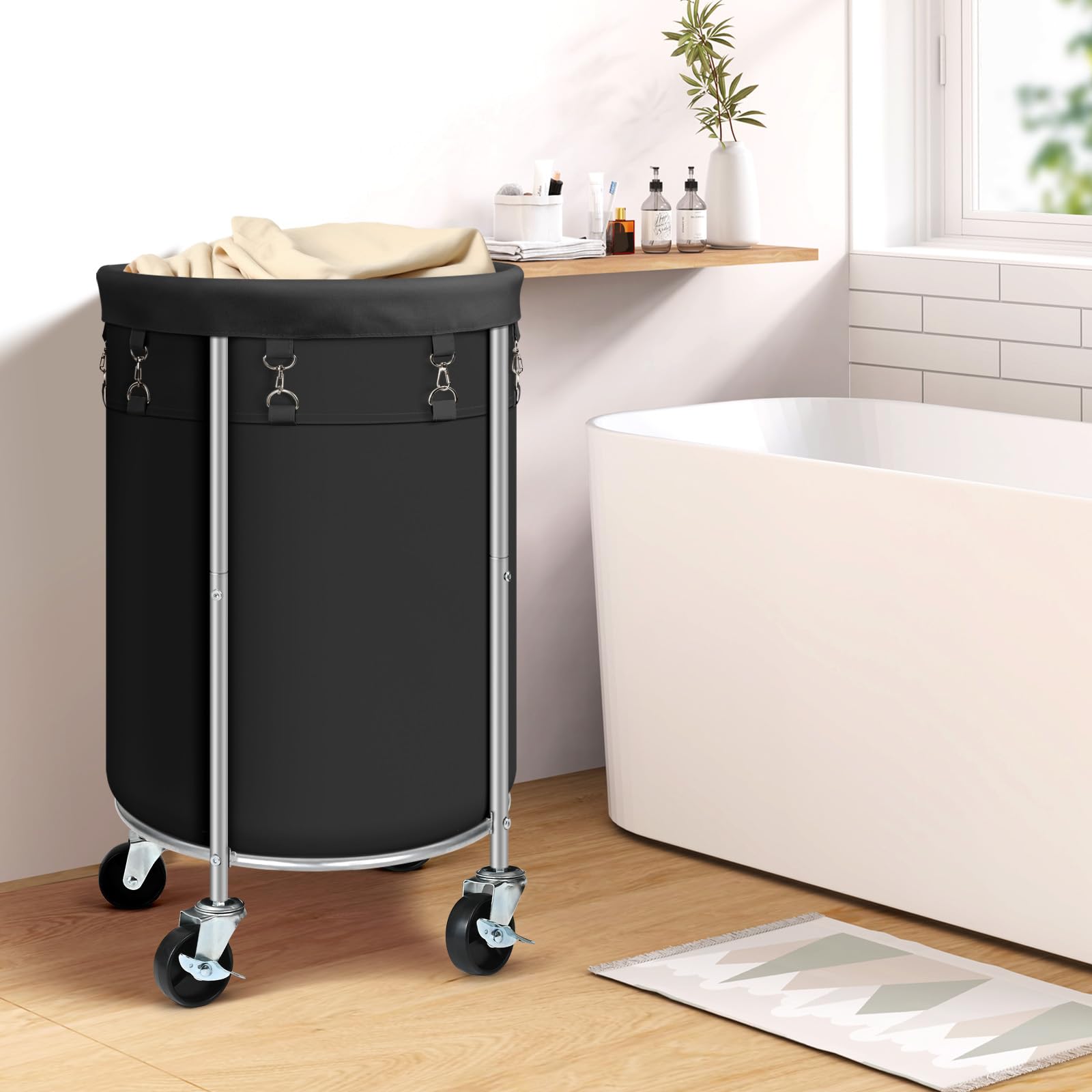 Laundry Hamper with Wheels, Rolling Laundry Basket, Round Laundry Sorter Cart with Steel Frame and Removable Bag, 4 Casters and 2 Brakes, Ideal for Bedroom, Bathroom, Laundry Room, Black