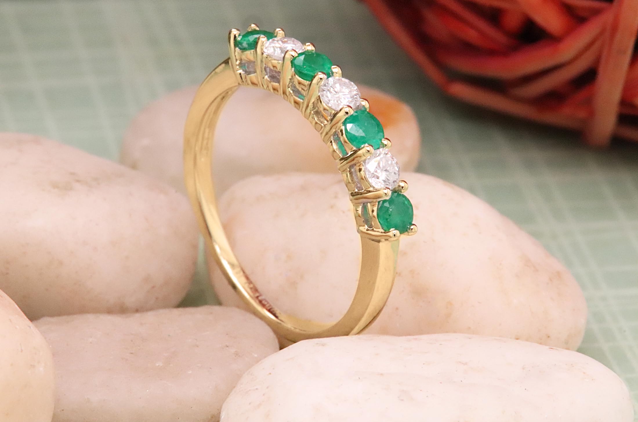 Dazzlingrock Collection 2.5mm Alternate Round Emerald & White Diamond 7 Stone Wedding Band for Women in 14K Yellow Gold, Size 6