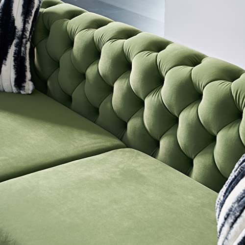 Melpomene Modern Button Tufted Velvet Sofa, Chesterfield Sofa with Square Arm,Gold Metal Legs and 2 Throw Pillows for Living Room(Mint Green)