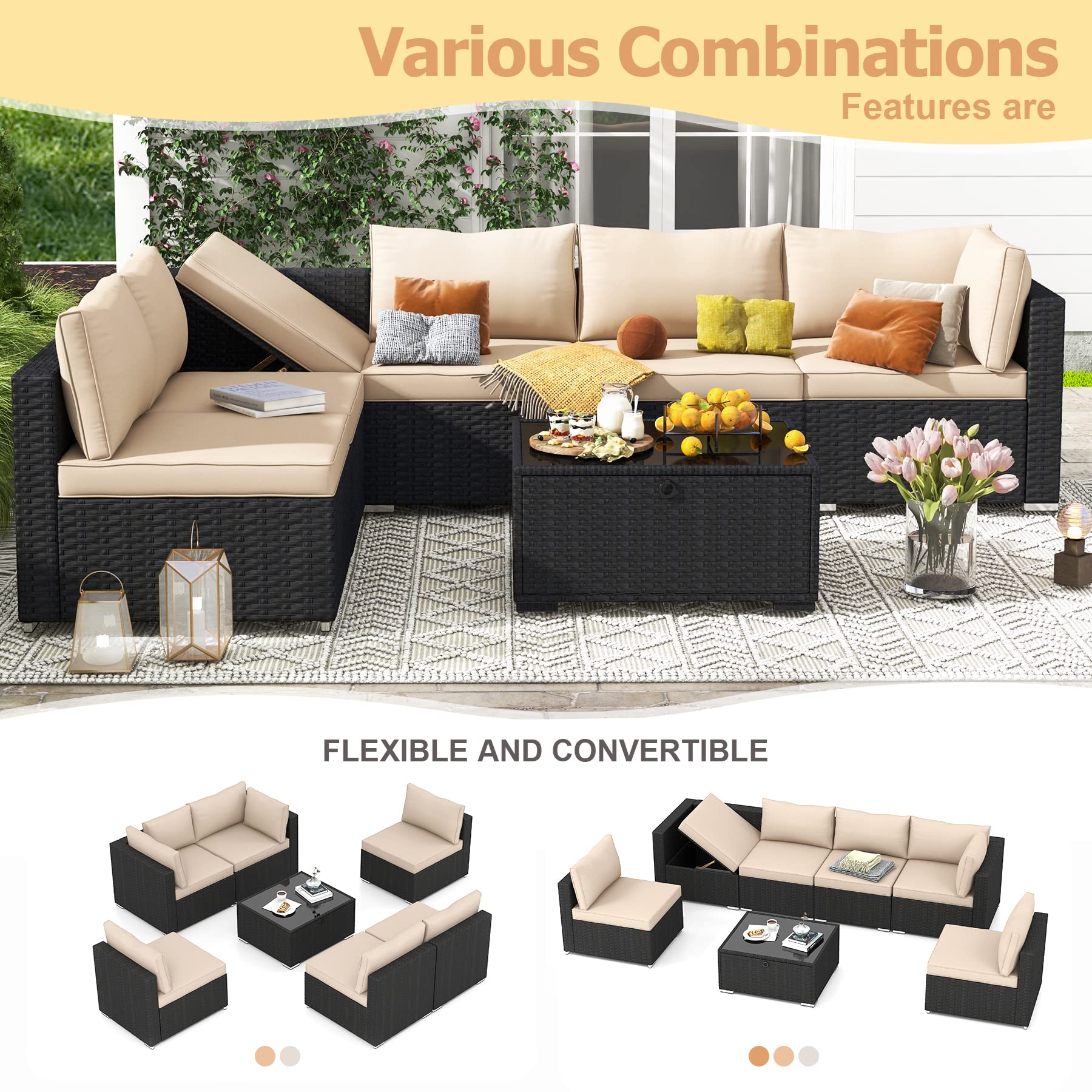 RYNSTO 7 Piece Patio Furniture Set with Adjustable Bracket Brown Rattan Wicker Patio Conversation Sets Sectional Sofa Set with Table and Cushions for Porch Lawn Garden, Beige