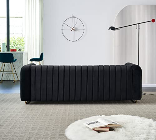 Melpomene Vertical Channel Tufted Velvet Sofa with Round Arm and Gold Metal Legs,Armrest 84.25" W(Black)