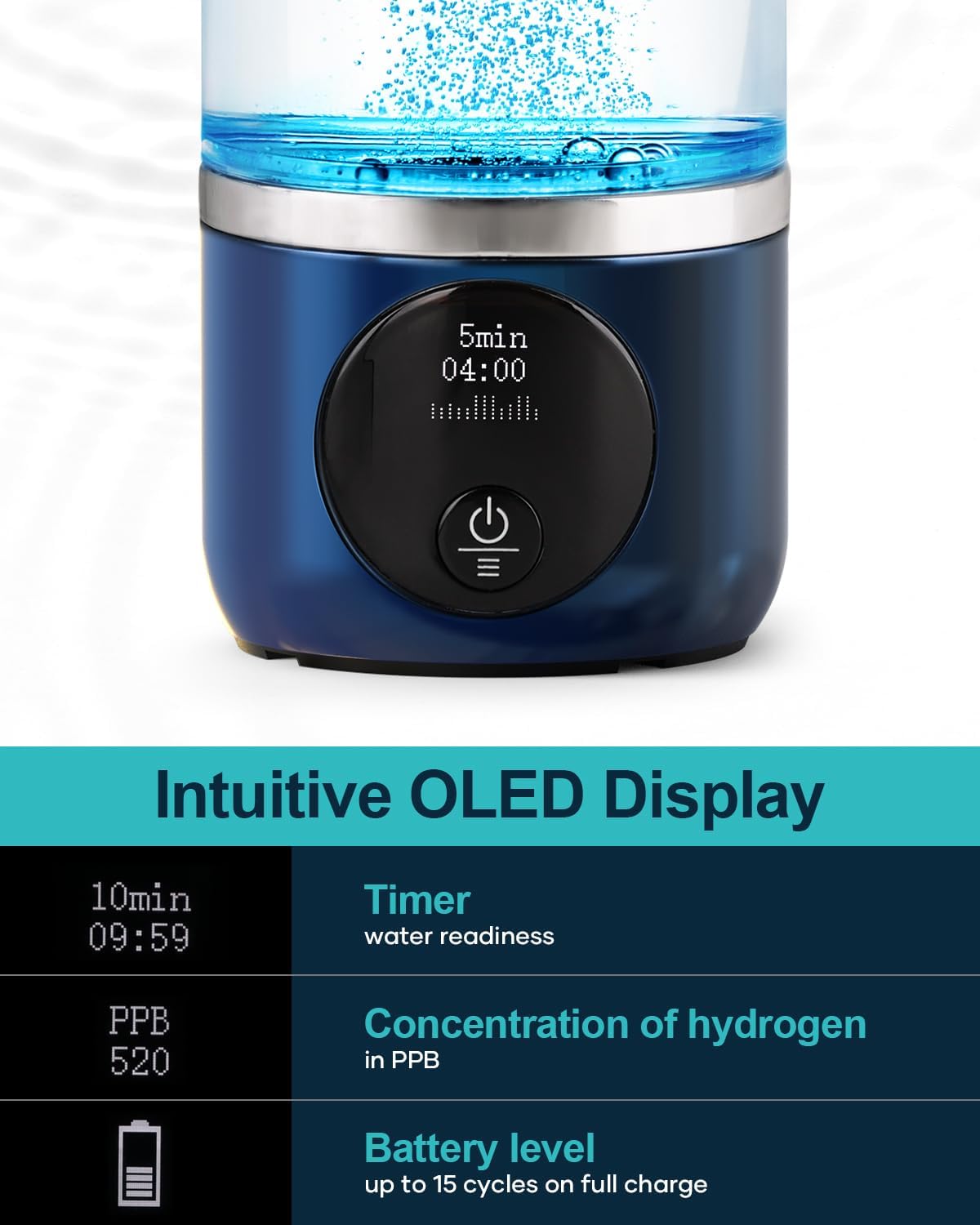 Hydrogen Water Bottle, BUZIO 3000ppb Hydrogen Water Bottle Generator Machine with Gen5 Technology Real Pure Hydrogen Concentration Alkaline Water bottle for Fitness, with Dupont Membrane, OLED Display