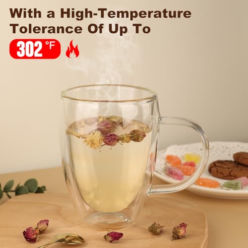 Liuruiyu Glass Coffee Mug Set of 4 Double Wall Clear Mugs, Insulated Coffee Cups with Handle Fits for Cappuccino, Tea, Espresso - 12oz