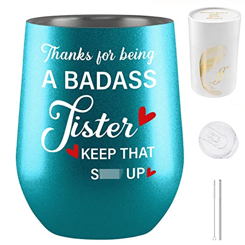 Fancyfams Sister Gifts from Sister, Brother, Funny Gifts for Sister, Sister in Law, Birthday Gifts for Sister - Unbiological, Soul Sister, Wine Tumbler (Being Sister -Turquoise)