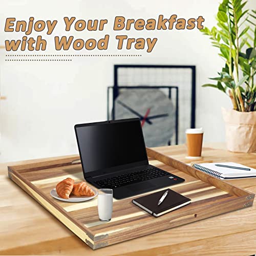 Ottoman Tray, EXISTING Acacia Wood Serving Tray with Handles, Large Ottoman Tray for Living Room, Kitchen, Bed, Coffee Bar Decor,Party, Solid Wood Non-Warping Square Tray - 23x23 Inches