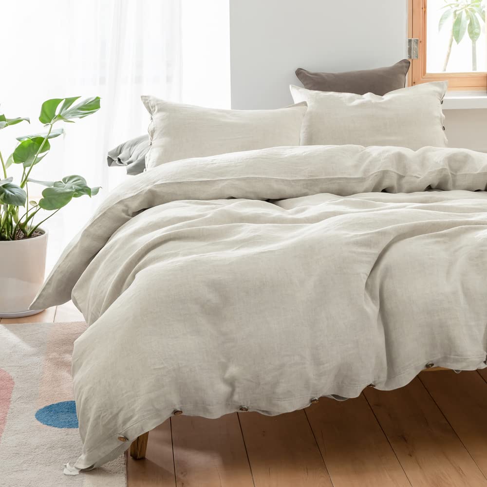 Simple&Opulence 100% Linen Duvet Cover Set, 3 Pieces Belgian Flax Breathable Bedding, 1 Comforter Cover+2 Pillowshams with Coconut Button Closure(King,Linen)