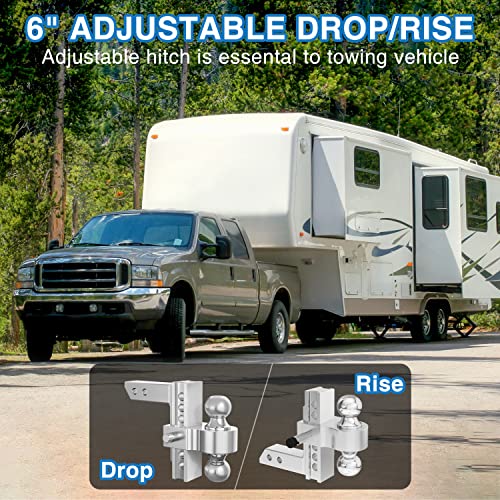 TOLEAD Adjustable Trailer Hitch, Fits 2" Receiver, 6" Drop/Rise Aluminum Hitch, 12,500 LBS GTW, 2" and 2-5/16" Double Hitch Ball Mount, Tow Hitch with Double Anti-Theft Pins Locks, Silver