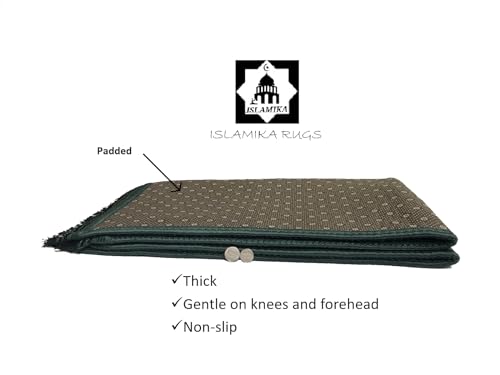 Prayer Rug Muslim Mat Islamic - Thick Large Padded Sajadah Men Women with Islam Prayer Beads for Eid Travel Ramadan, Soft Luxury Great for Knees and Forehead(Green)