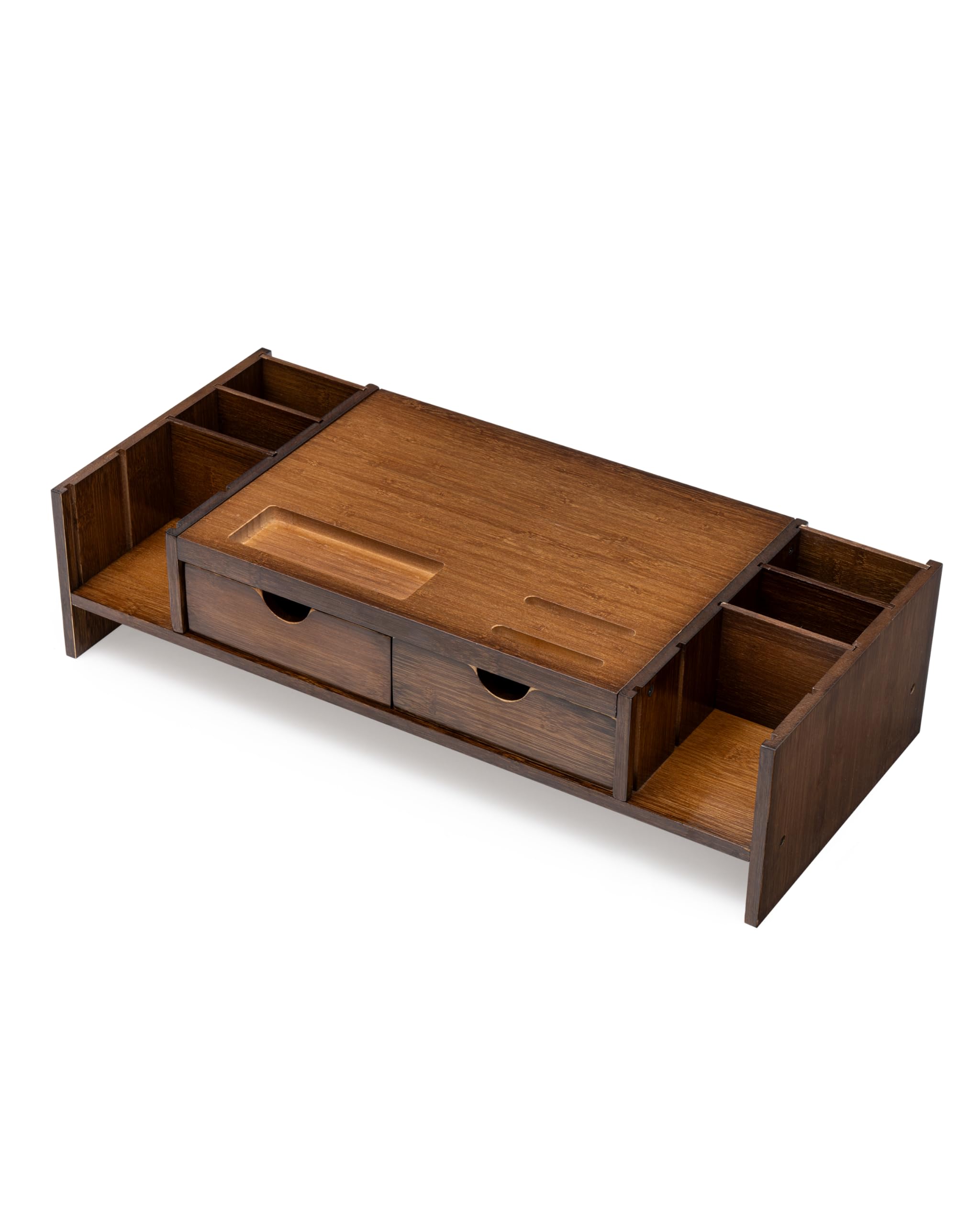 Crestlive Products Monitor Stand Riser, Bamboo Computer Desk Organizer with Adjustable Storage Drawers Laptop Cellphone TV Printer Stand, Antique Brown