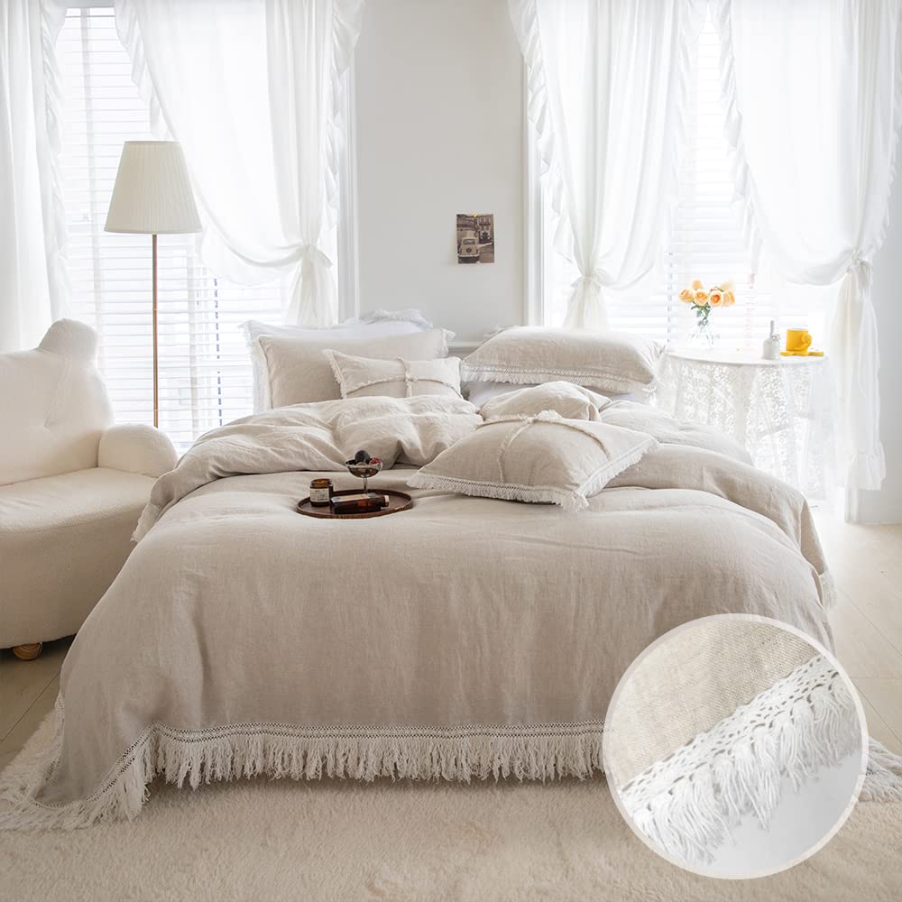 Simple&Opulence 100% Linen Boho Duvet Cover,3pcs Bohemian Textured Collection Bedding Set for All Seasons,French Country Comforter Cover Set with Pillow Shams (Queen, Tassel-White)