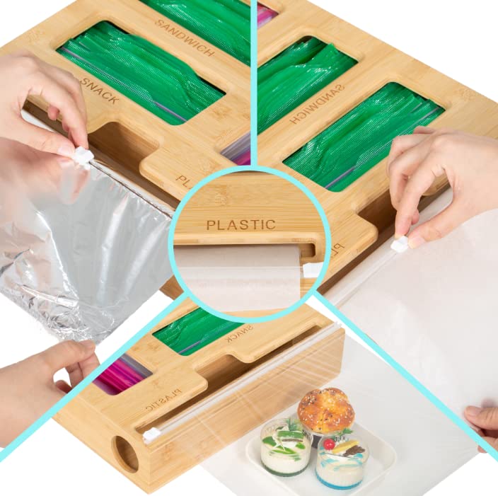 MillTu Ziplock Bag Storage Organizer for Kitchen Drawer, 5 in 1 Bamboo Food Storage Bag Organizer with Plastic Wrap Organizer, Compatible with Gallon, Quart, Sandwich, Snack Bag & Kitchen Rolls