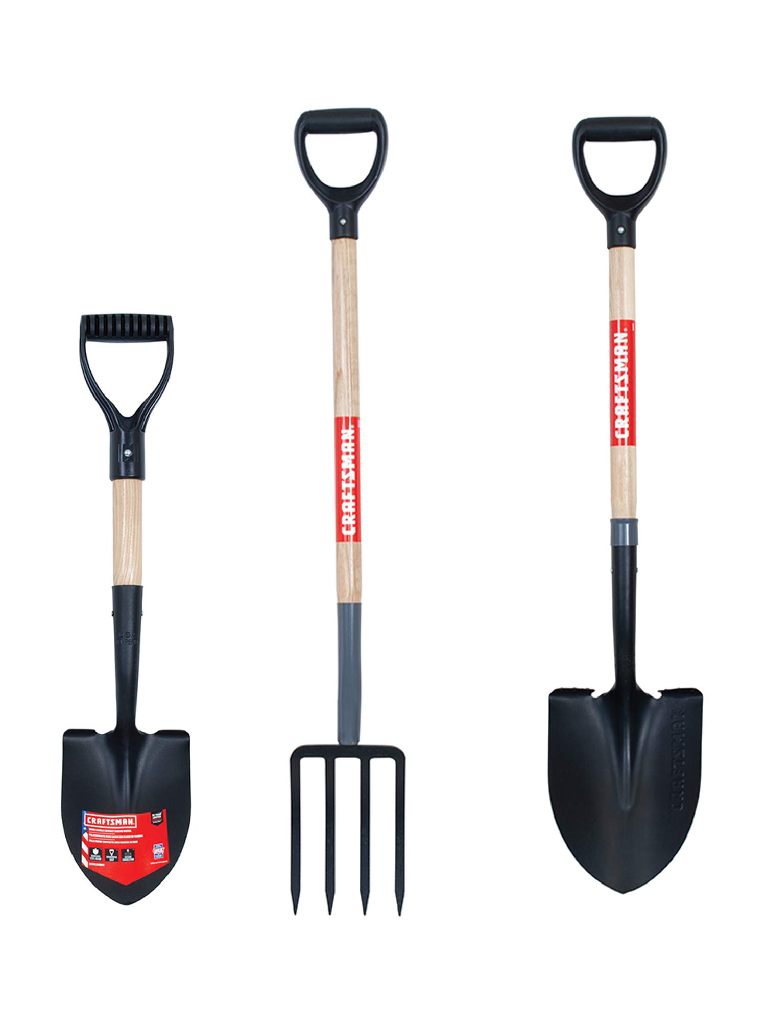 CRAFTSMAN CMXMKIT0120 3-Piece Wood Handle D-Grip Digging Tool Set with Compact Shovel, 4-Tine Fork and Round-Point Shovel