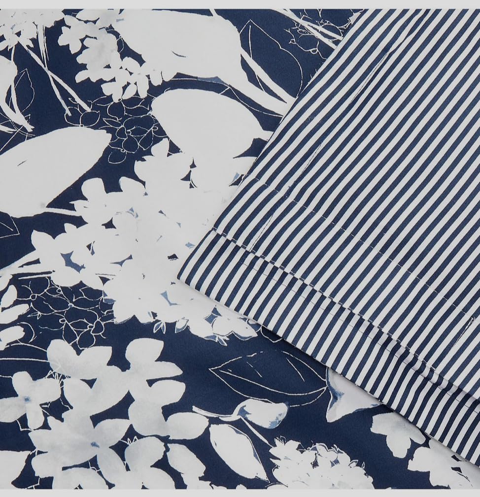 Lauren Ralph Lauren Navy Blue Floral Reese Full Queen 3 pc Duvet Cover Set Shams Grey White