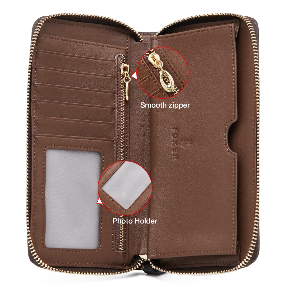 FOXLOVER Leather Zipper Wallets for Women, Ladies Clutch Wallets Purses with ID Window Gift Box Packing Womens Credit Card Holders Wallets (Brown)