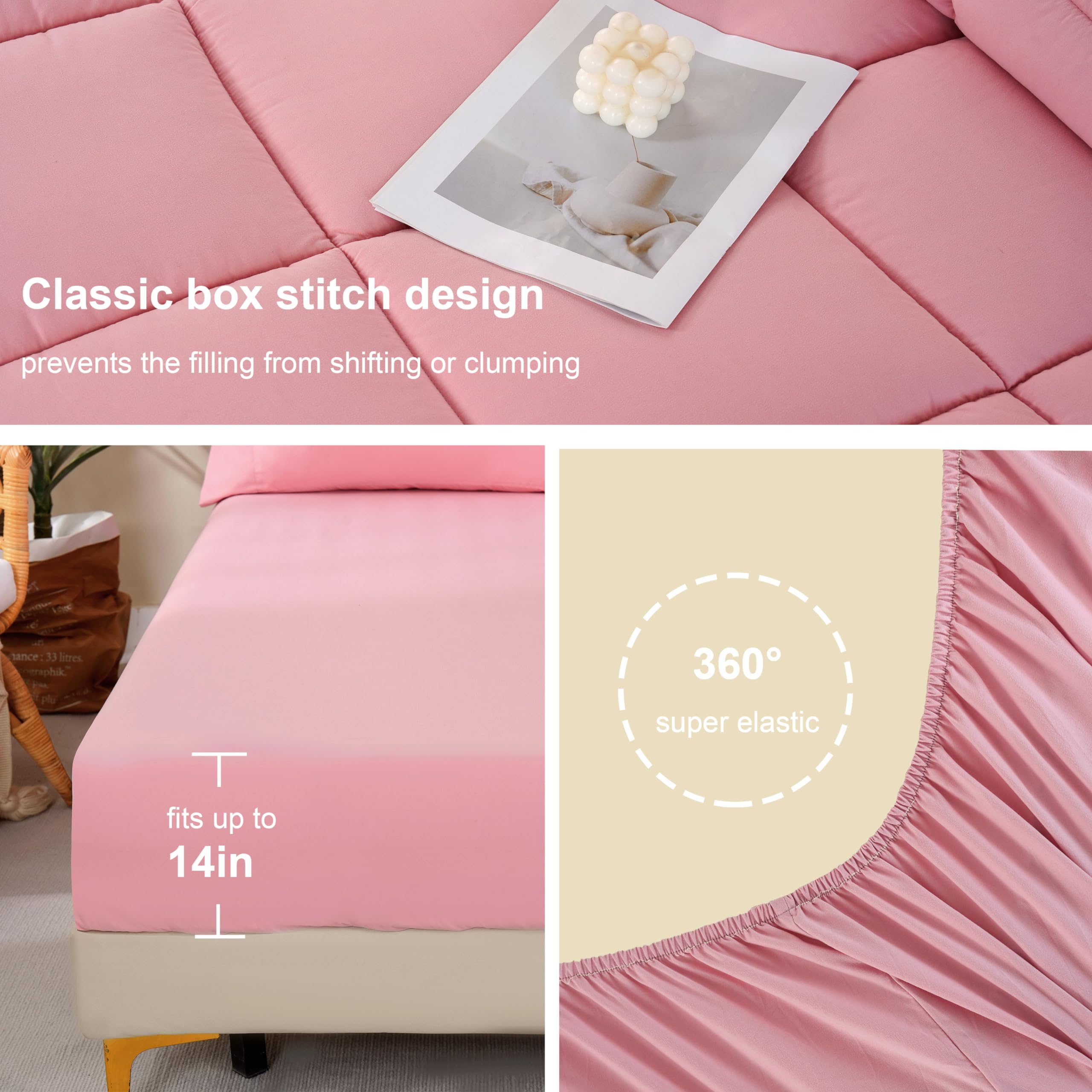 DOWNCOOL Queen Comforter Set, 7 Pieces Bedding Sets Queen Pink, All Season Down Alternative Bed in a Bag Queen with Comforter, Flat Sheet, Fitted Sheet