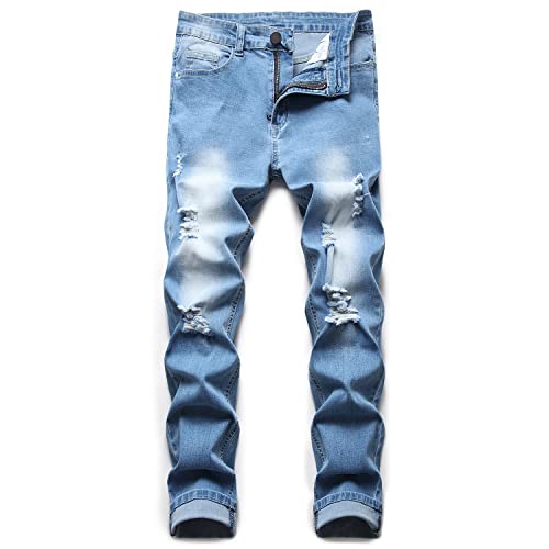 Men's Jeans Slim Fit Tapered Leg Ripped Stretch Flex Pants Skinny Cut Distressed Classic Light Blue Young Fashion Denim(5331-32)
