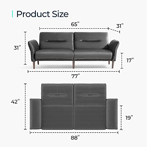 LINSY HOME Futon Sofa Bed, Velvet Sleeper Sofa with Mattress and Frame, Memory Foam Futon Couch for Small Spaces, Living Room, Dark Grey