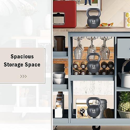 Plebs Home Multipurpose Kitchen Cart Cabinet, with Side Storage Shelves, Rubber Wood Top, Adjustable Storage Shelves, 5 Wheels, Kitchen Storage Island with Wine Rack, for Dining Room, Home - Gray Blue