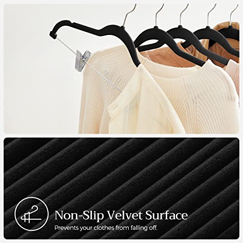 SONGMICS Rolling Clothes Rack and 30-Pack Velvet Hangers Bundle, Garment Rack with Wheels and a Mesh Shelf, Non-Slip Coat Pants Hangers with Adjustable Clips, Black UHSR25BK and UCRF12B30