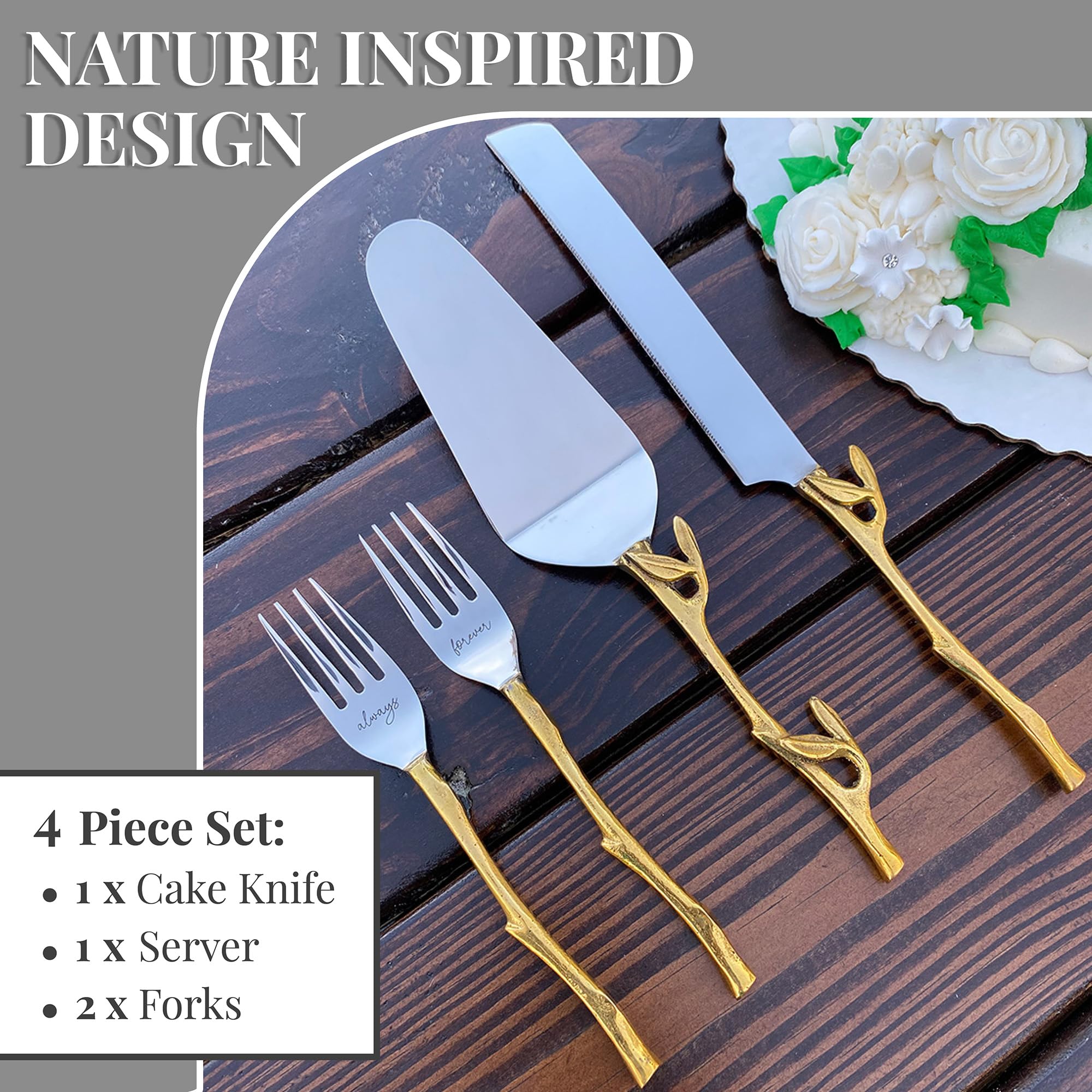 Heartfelt Homie Wedding Cake Knife and Server Set - 4 PC Cake Cutting Set with Gold Twig Leaf Handles - Pie server, Cake knife, Engraved forks for Wedding Cake Cutting - Engagement, Bridal Gifts