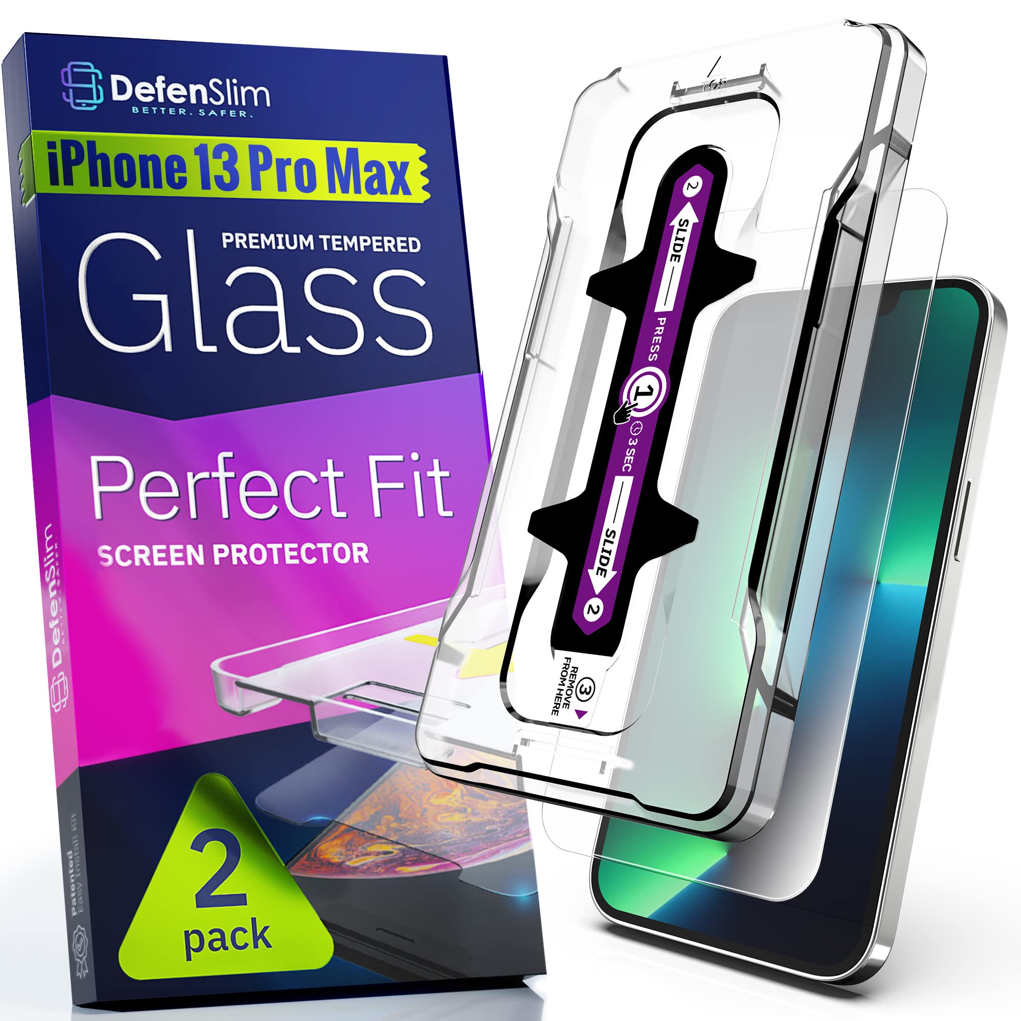 Defenslim for iPhone 13 Pro Max Screen Protector [2-Pack] with Easy Auto-Align Install Kit - Tempered Glass for iPhone 13 Pro Max (6,7") - New Glass with Your Next Phone