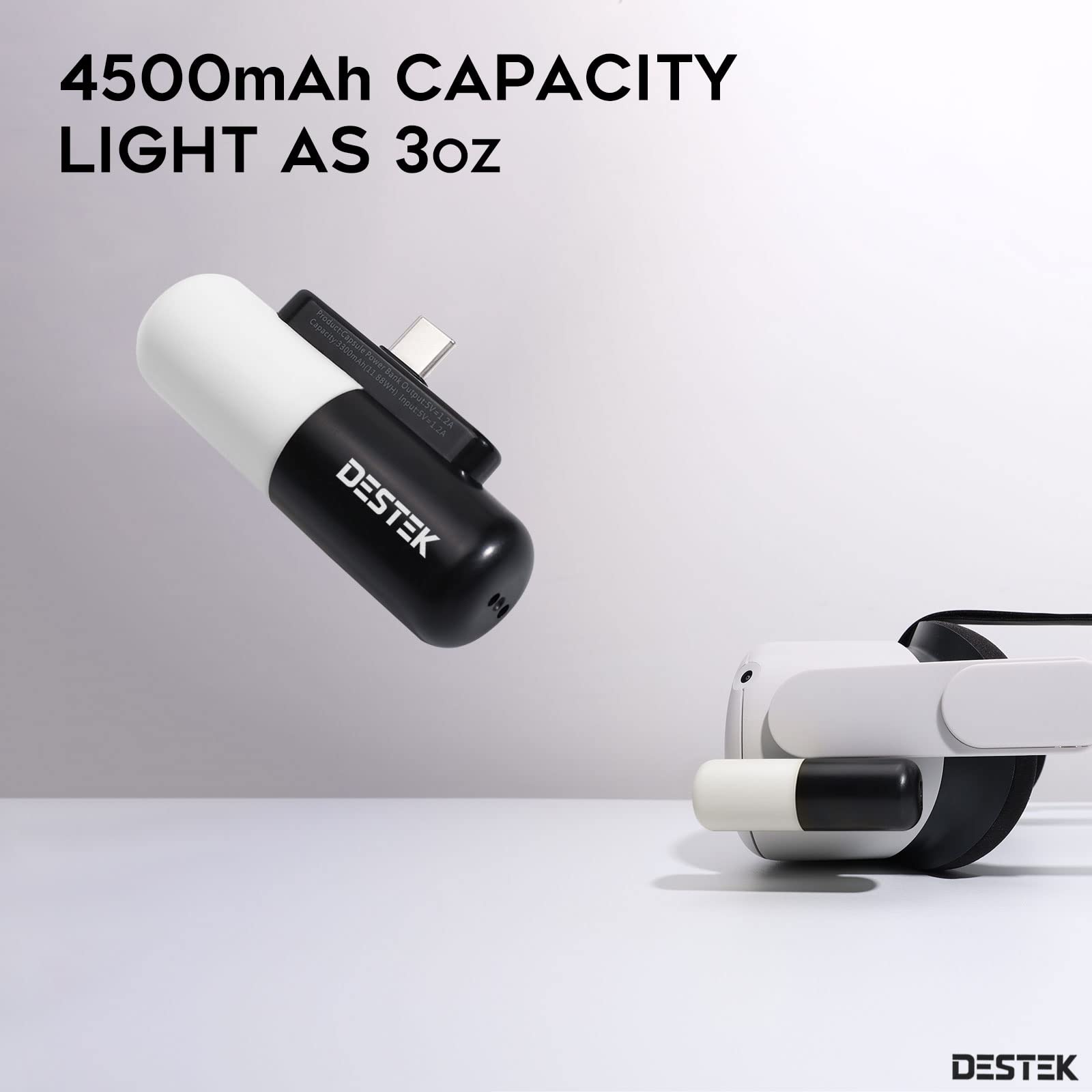 DESTEK 4500mAh & 5V/2A Fast Charging Battery Pack Compatible with Oculus/Meta Quest 1/2/Pro, Extra 2hrs Playtime, Battery Extender Compatible with Elite Strap, VR Accessories