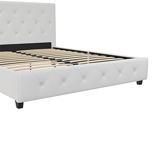 DHP Dakota Upholstered Platform Bed with Diamond Button Tufted Headboard and Footboard, No Box Spring Needed, Queen, White Faux Leather