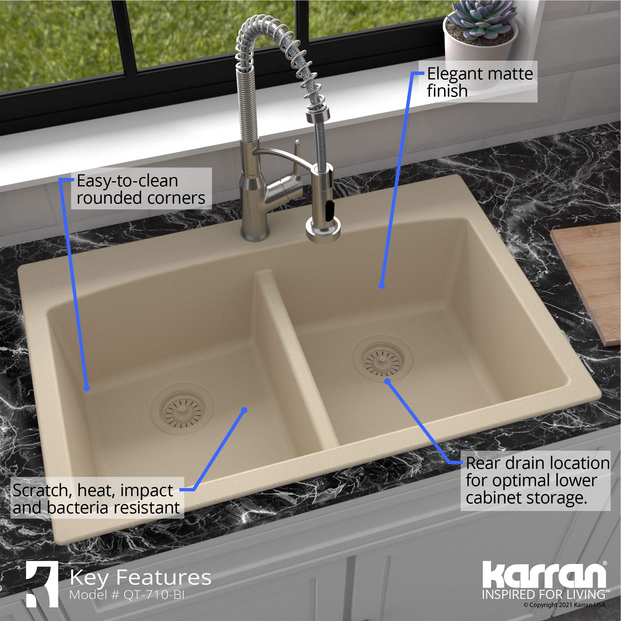 Karran QT-710 Drop-in Quartz Composite 33 in. 1-Hole 50/50 Double Bowl Kitchen Sink in Bisque