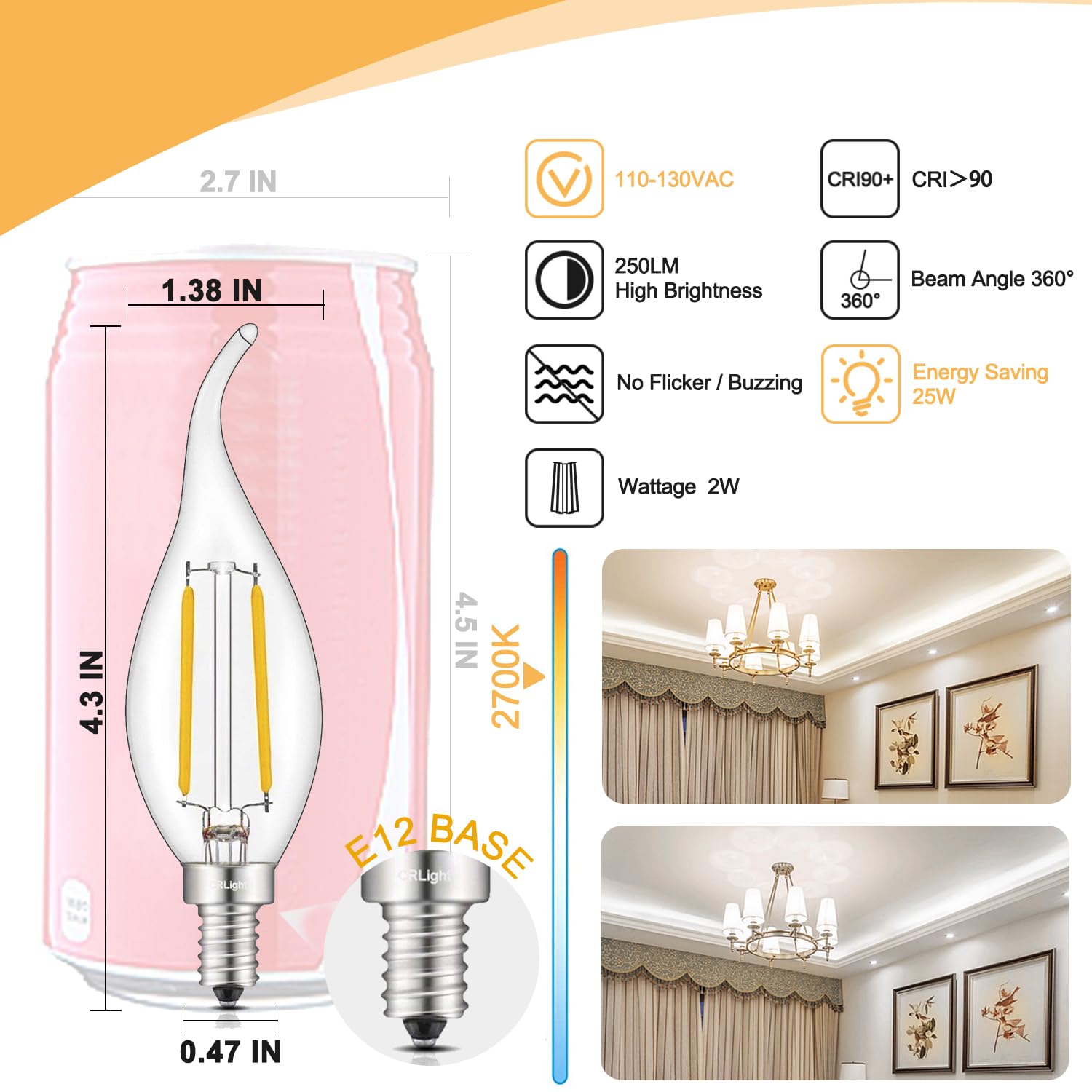 CRLight 2W Dimmable LED Candelabra Bulb 2700K Warm White, 250LM 25W Incandescent Equivalent, E12 Chandelier Candle Bulbs, C35 Clear Flame Shape Bent Tip, 360 Degrees Beam Angle, 10 Pack