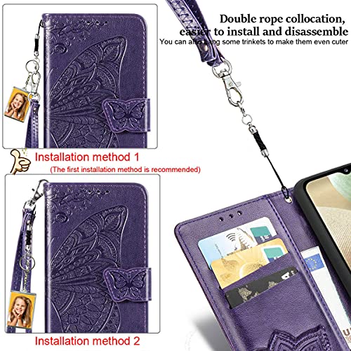 KRHGEIK Wallet Case for iPhone SE 2020/SE 2022/iPhone 8/iPhone 7,Women Butterfly Embossed PU Leather Stand Card Slots Wrist Strap Flip Folio Cover for iPhone 6/6S/7/8/SE 2nd/SE 3rd Gen (Purple)