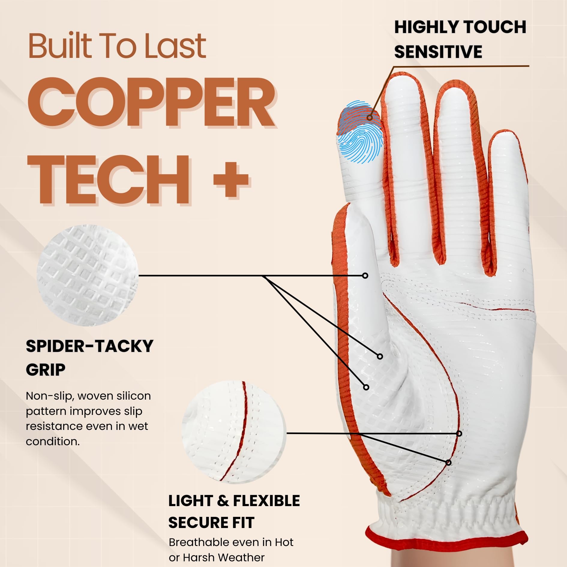 Copper Tech Plus Women's Golf Gloves with Ball Marker - Ladies Golf Gloves with 100% AAA Synthetic Leather - Wrist Support & Breathability - Golf Gloves Left Handed Golfer (Hand Orientation: Right)