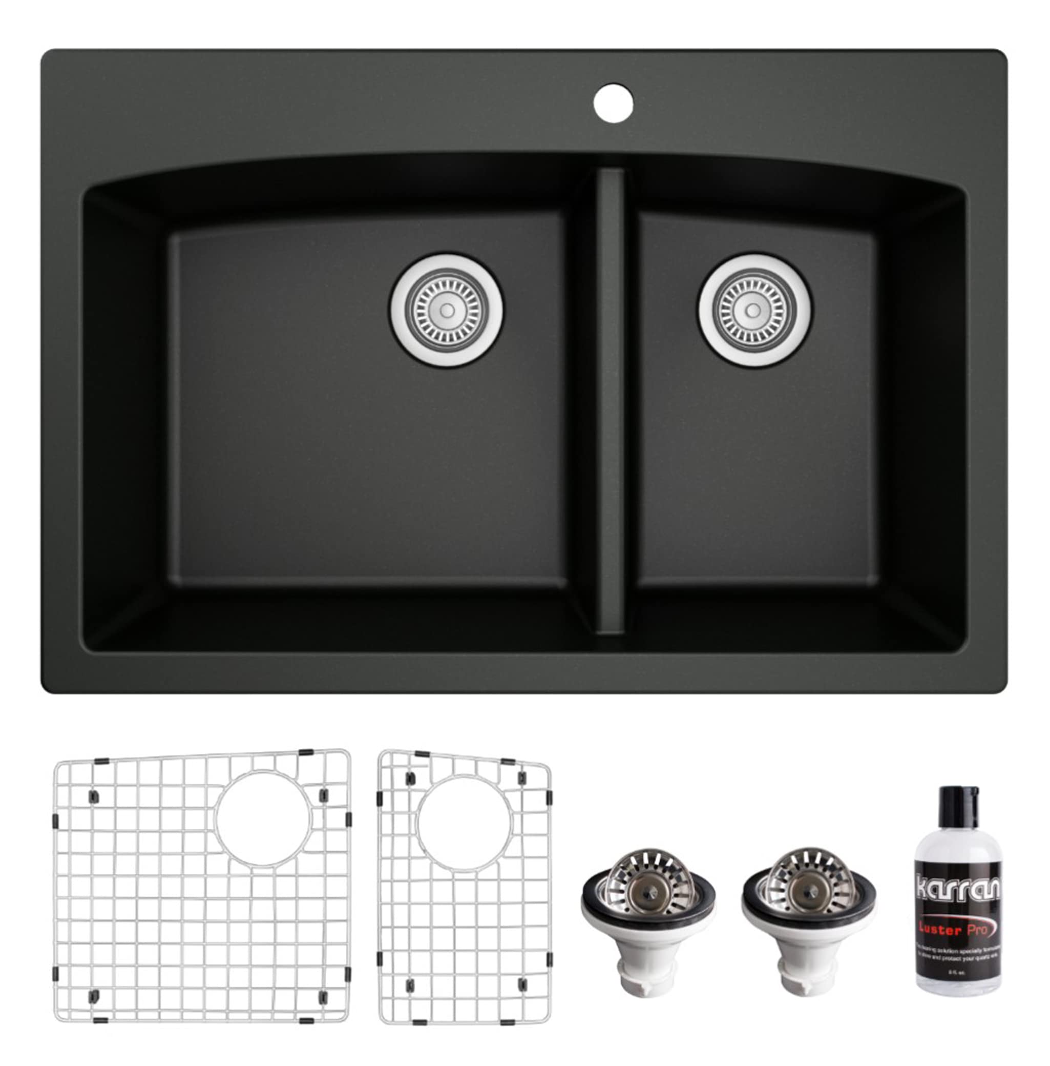 Karran QT-711 Drop-In Quartz Composite 33 in. 1-Hole 60/40 Double Bowl Kitchen Sink Kit in Black