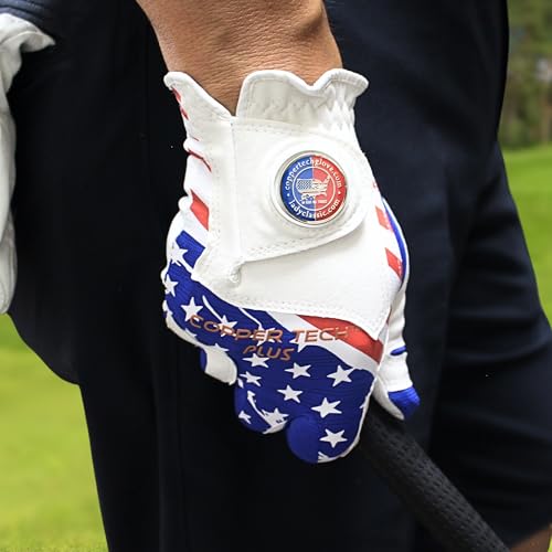 Copper Tech Plus Men's Golf Gloves Right Hand - USA Flag Golf Glove with Ball Marker - Perfect for Summer Golfing - 100% AAA Tacky Synthetic Leather Only (Hand Orientation: Right, X-Large)