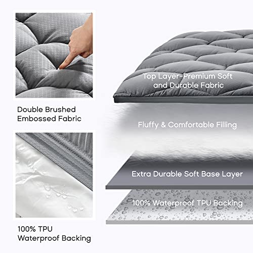 SONIVE Waterproof Mattress Pad Ultra Fluffy Soft Breathable Noiseless Quilted Fitted Mattress Protector Premuim Alternative Filling Topper Deep Pocket up to 21'' (Grey, Queen)